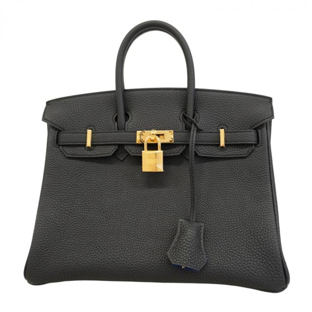 【5pa0523-g-h】エルメス ハンドバッグ バーキン25 ヴェルソ トゴ ブラック ブルーサフィール ゴールド金具 W刻印【中古】レディース
