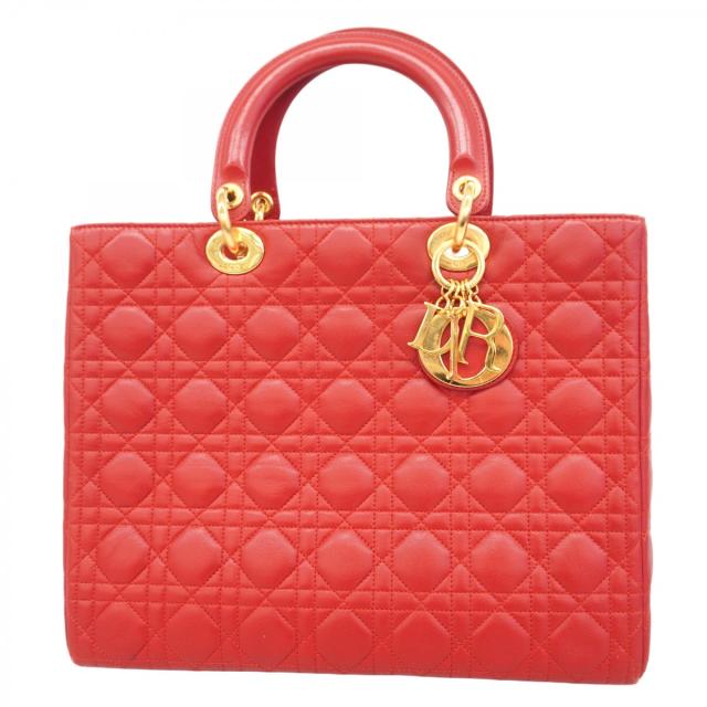 【5pa0951】クリスチャンディオール ハンドバッグ カナージュ レディディオール ラムスキン レッド ゴールド金具【中古】レディース