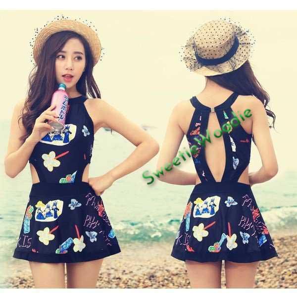 水着 レディース ワンピース水着 体型カバー サロペット 腰出し 水着 プリント トレンド 水着 スイムウエア ビーチウェア