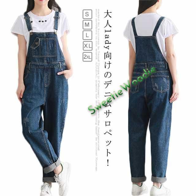 デニムサロペット オーバーオール レディース オールインワン サロペット ミドル丈 デニムパンツ デニム ボトムス サロペットパンツ ゆったり ダメージ加工 カジュアル
