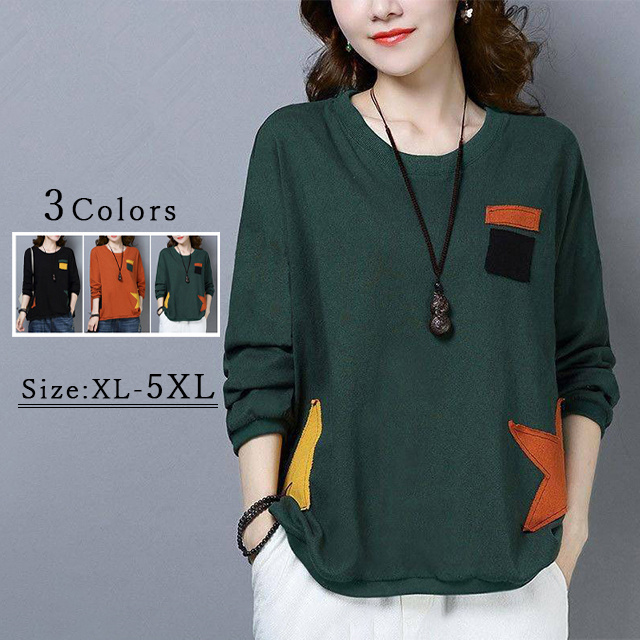 夏新作 送料無料 トップス 新作 長袖Tシャツ レディース 大きいサイズ 3XL 4XL 5XL 綿 カットソー 幾何柄 シンプル 丸襟 ゆったり 体型カーバー ルームウエア 女性用 トップス カジュアル n2