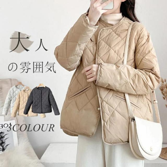 キルティングジャケット レディース キルティングコート ショート丈 中綿コート グルーネック コート 中綿コート 中綿ジャケット 秋冬 キルティング ショートコート 無地 軽量 ジャケット 防寒 大きいサイズ ゆったり カーディガン アウター 秋冬 n1
