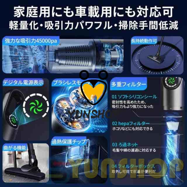 2025最新 掃除機 コードレス 充電式 強力吸引 45000Pa 軽量ハンディ