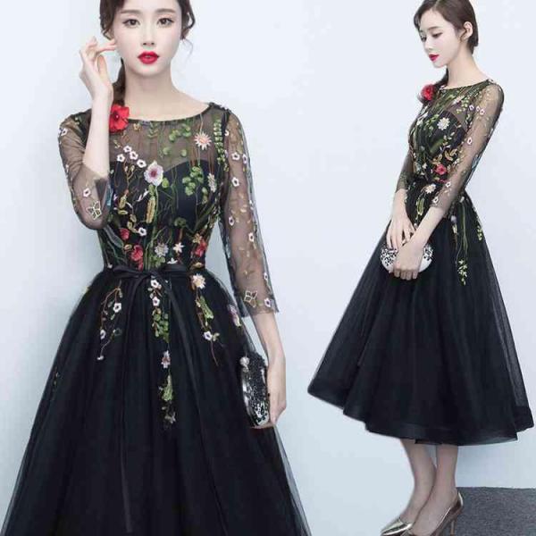 パーティードレス 結婚式 ドレス ウエディングドレス ミモレ丈 七分袖 花柄 刺繍 レース 大きいサイズ 大人 上品 可愛い お呼ばれ 花嫁 披露宴