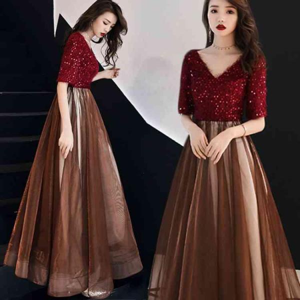 ロングドレス 演奏会 大人 ドレス 袖あり パーティードレス 結婚式 ドレス 二次会 発表会 ウェディング パーティー 二次会ドレス パーティー お呼