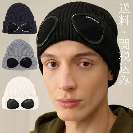 CPカンパニー （ シーピーカンパニー ） （ C.P.COMPANY ） ゴーグル ニットキャップ （ ビーニー ） （ ニット帽 ） ( EXTRAFINE MERINO WOOL ) - メリノウール リブニット - ブラック ホワイト グレー