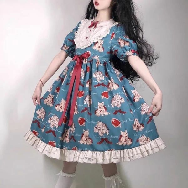 ロリータワンピース 猫柄 レディース 半袖 可愛い お姫様 ふんわり 女の子 日系女子中高生 ハロウィン衣装 ハロウィン 仮装 コスチューム 女性用 フリル 蝶結び 文化祭 学園祭 大人用 イベント パーティー