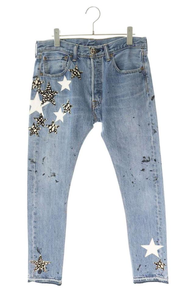 クロムハーツ サイズ:32インチ  U VNTG JEAN BLK RED TAB ラスベガス限定スターパッチ付きウォッシュド501デニムパンツ 中古 SJ02
