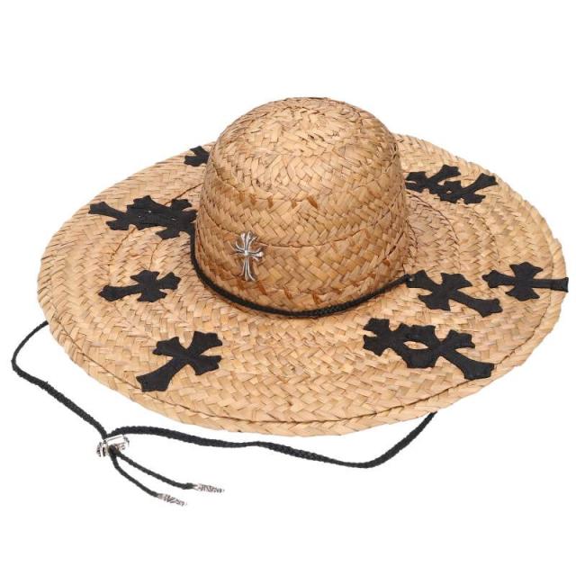 クロムハーツ  スモールCHクロス装飾クロスパッチ麦わらストローハット 中古 SJ02