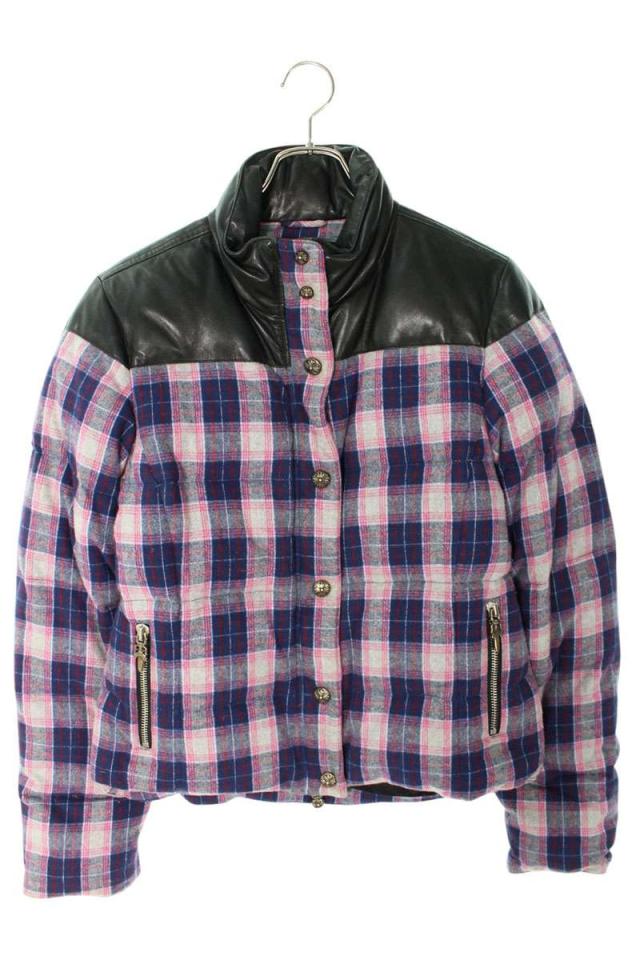 クロムハーツ サイズ:M STIFF レザー切替チェック柄ウールダウンジャケット 中古 OK15