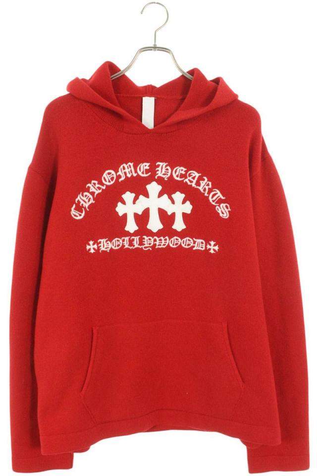 クロムハーツ サイズ:XL  SAILIN ON HD PLVR CHSMR ロゴ刺繍セメタリークロスパッチカシミヤニットパーカー 中古 SJ02