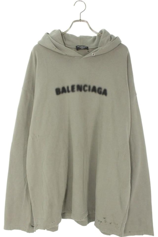 バレンシアガ サイズ:XL  21AW  661711 TKVD6 ダメージ加工スプレーロゴプリントパーカー 中古 SB01