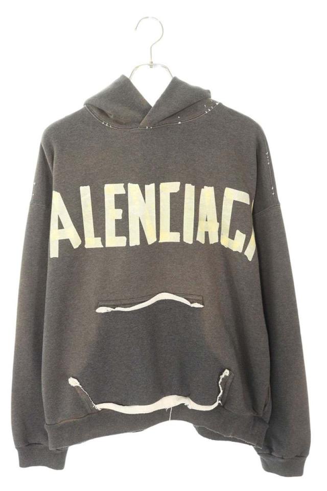 バレンシアガ サイズ:S 744441 TQVA9 ヴィンテージ加工テープロゴプルオーバーパーカー 中古 SS13