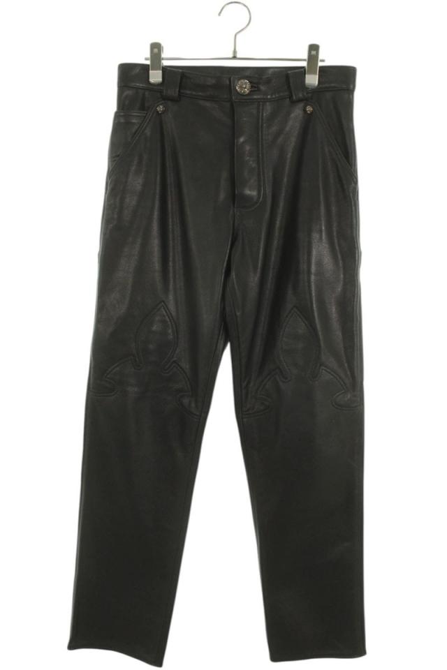 クロムハーツ サイズ:29インチ  LTHR PANTS レザーパンツ クロスボールボタンフレアニーレザーロングパンツ 中古 SJ02
