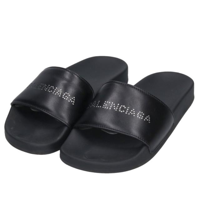 バレンシアガ サイズ:36  738744 POOL SLIDE ロゴラインストーンスライドサンダル 中古 BS99