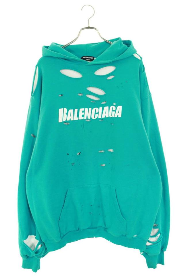 バレンシアガ サイズ:S  659403 TKVB6 デストロイ加工ロゴミディアムフリースパーカー 中古 SB01