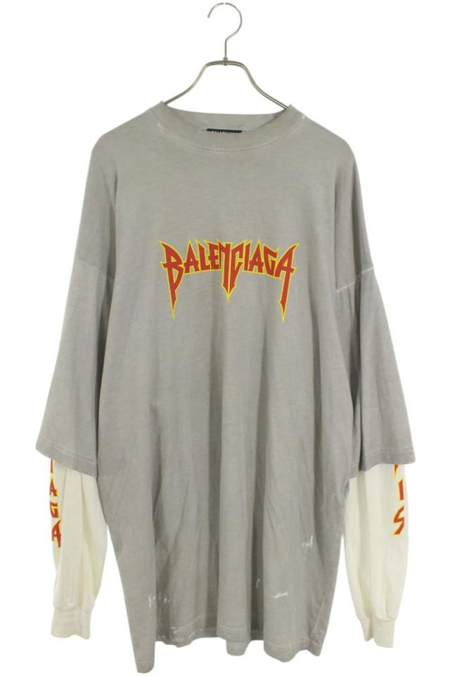 バレンシアガ サイズ:3 21SS 698089 TMV88 メタルロゴダメージ加工レイヤード長袖カットソー 中古 SB01