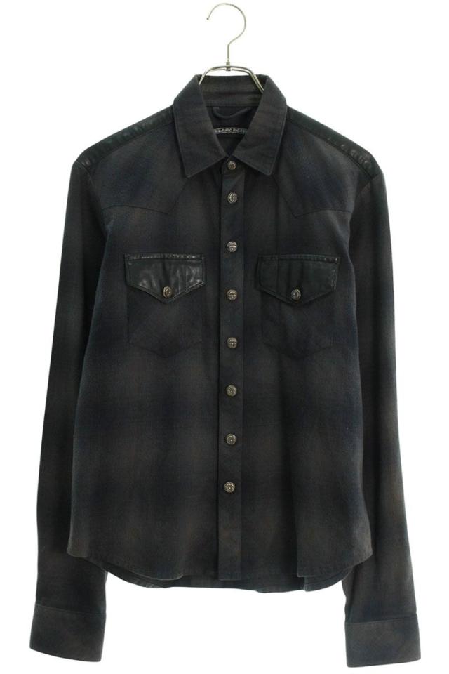 クロムハーツ サイズ:S  WESTN ウエスタンボタン 袖クロスパッチレザー切替クロスボールボタンチェック長袖シャツ 中古 SJ02