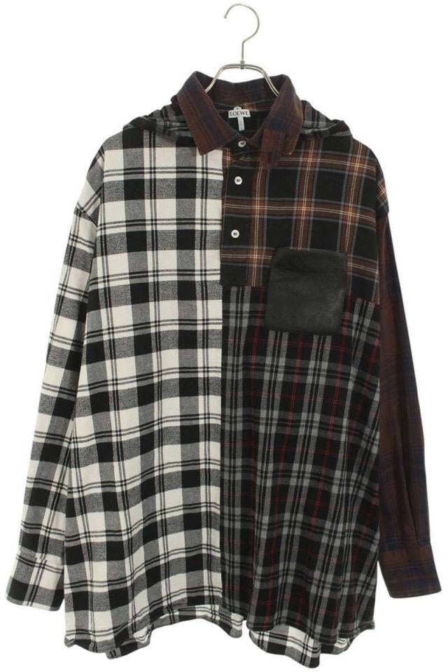 ロエベ サイズ:44  H526333X38 アナグラムレザーパッチチェックプルオーバー長袖シャツ 中古 SB01