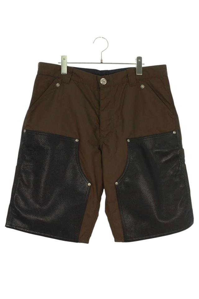 クロムハーツ サイズ:34  CARPENTER SHORTS クロスパッチ付きレザー切替ナイロンカーペンターハーフパンツ 中古 OS06