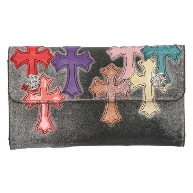 クロムハーツ   WAVE CROSS PATCH ウェーブ クロスパッチ付クロスボタングリッターレザーウォレット財布 中古 OS06