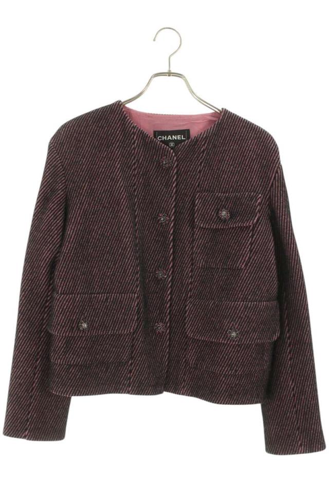 シャネル サイズ:38  P73607V65162 ストライプウールノーカラージャケット 中古 BS99