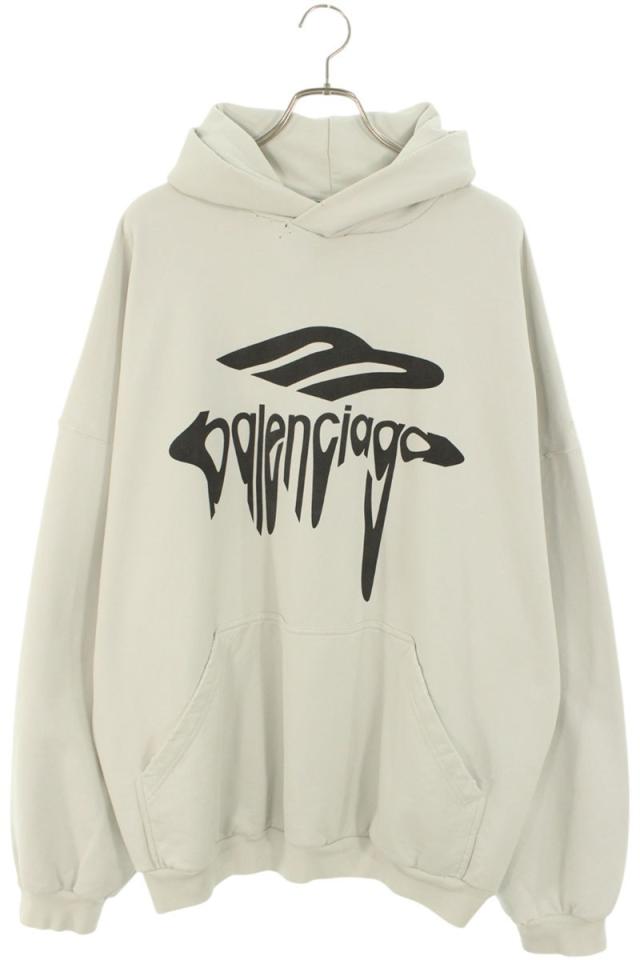 バレンシアガ サイズ:M  25SS  803265 TRVS9 ダメージ加工ロゴプルオーバーパーカー 中古 SB01