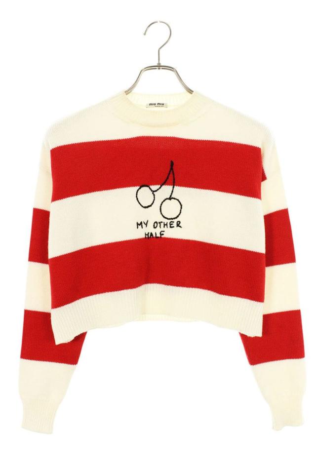 ミュウミュウ サイズ:36  MML304 チェーリー刺繍ボーダークロップドニット 中古 SB01