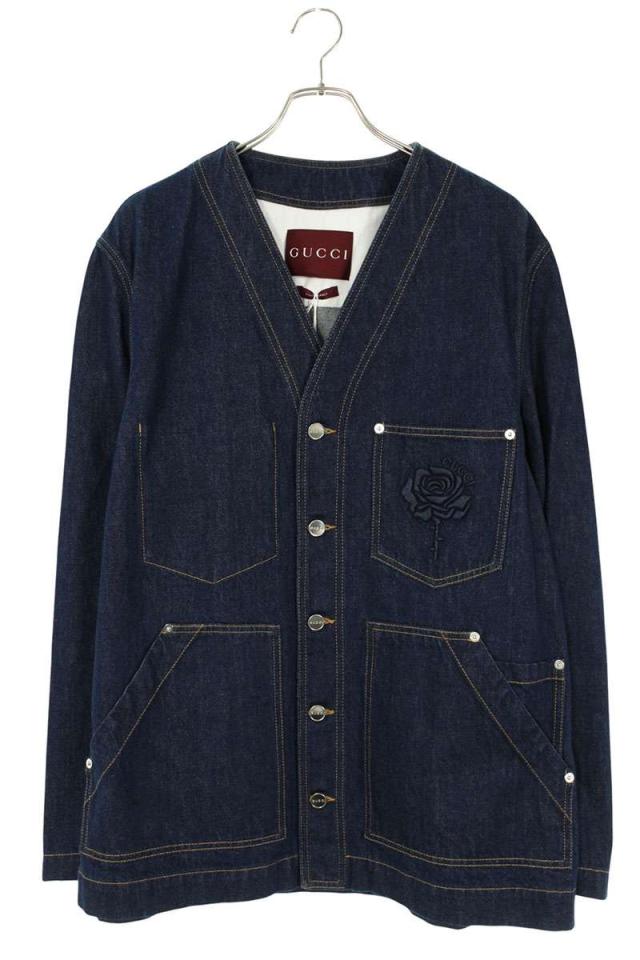 グッチ サイズ:46  25SS  811612 XDC6V ローズ刺繍ノーカラーカバーオールデニムジャケット 中古 BS99