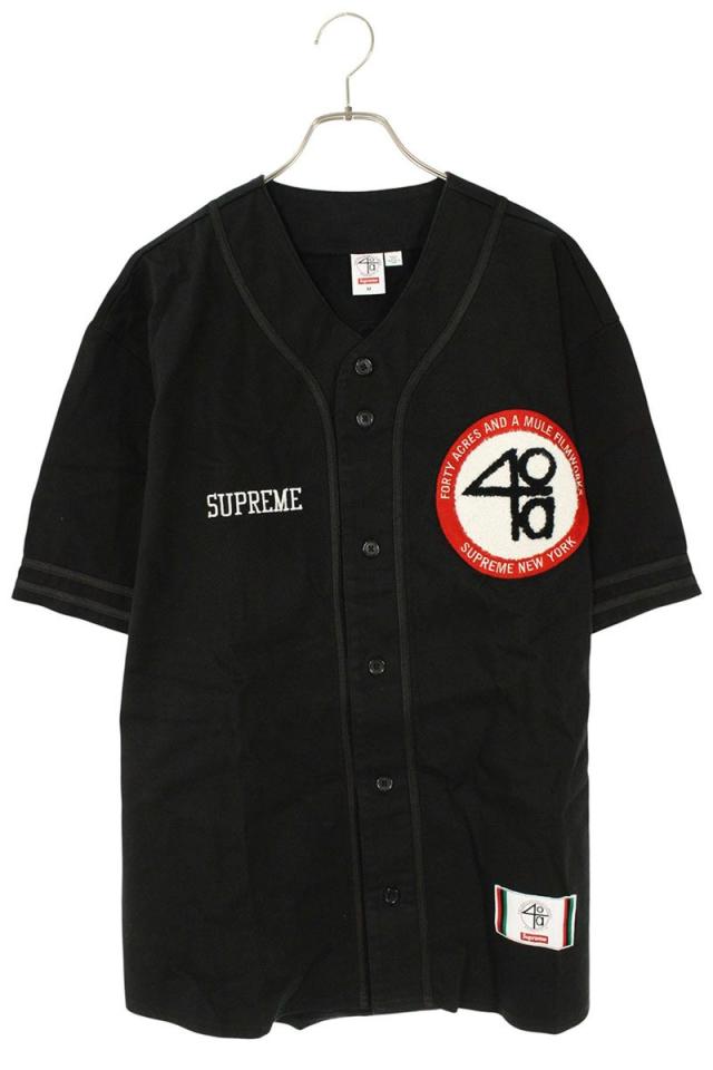 シュプリーム サイズ:M  25SS  40 Acres Twill Baseball Jersey ロゴワッペンツイルベースボール半袖シャツ 中古 SB01