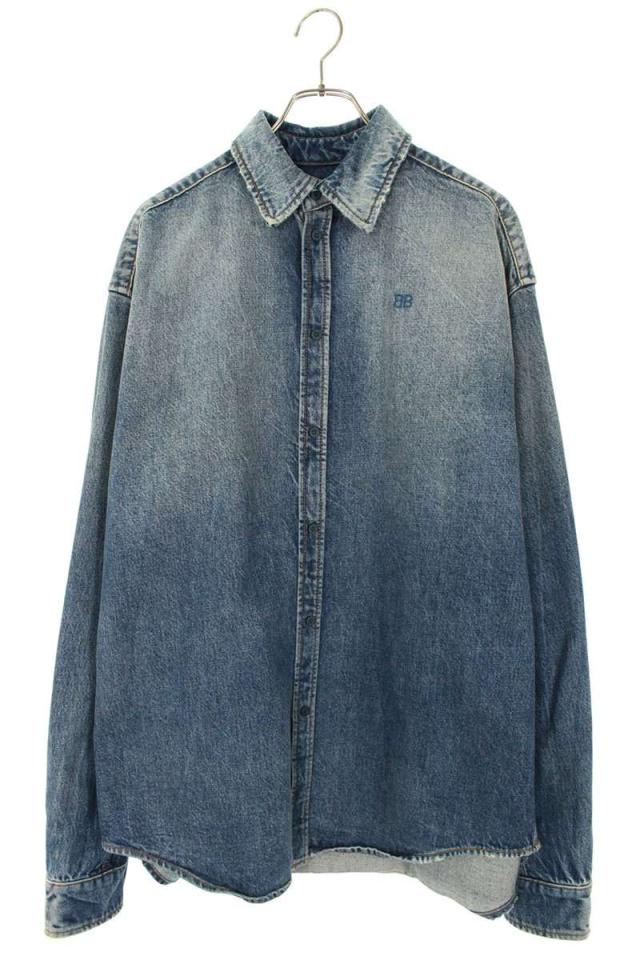 バレンシアガ サイズ:XS  22SS  678363 TBP48 ダメージ加工BBロゴ刺繍オーバーサイズデニム長袖シャツ 中古 OM10