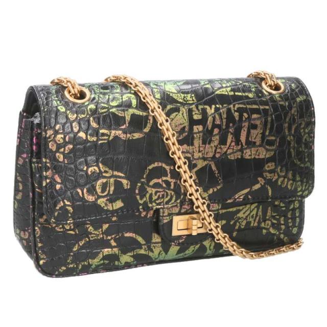 シャネル サイズ:25  2.55 グラフィティクロコ型押しWフラップチェーンショルダーバッグ 中古 SB01