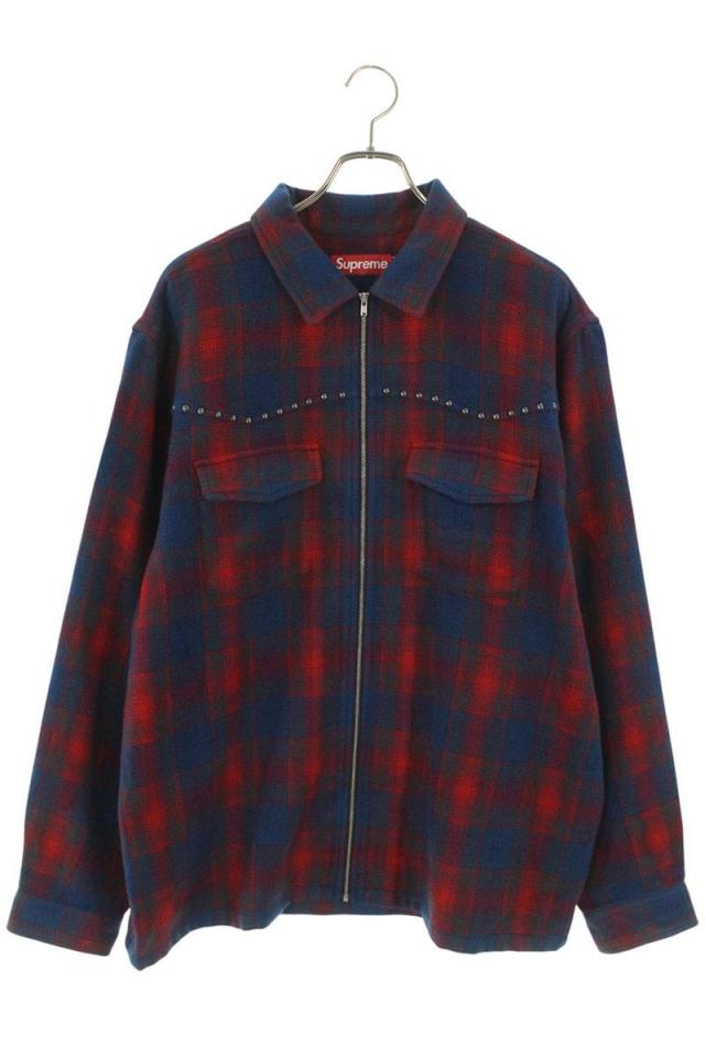 シュプリーム サイズ:XL  Studded Shadow Plaid Zip Up Shirt スタッズ付きジップアップ長袖シャツ 中古 BS99