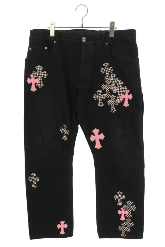 クロムハーツ サイズ:38インチ  JEAN SL FLEURKNEE クロスパッチ付きフレアニーステッチデニムロングパンツ 中古 SS07