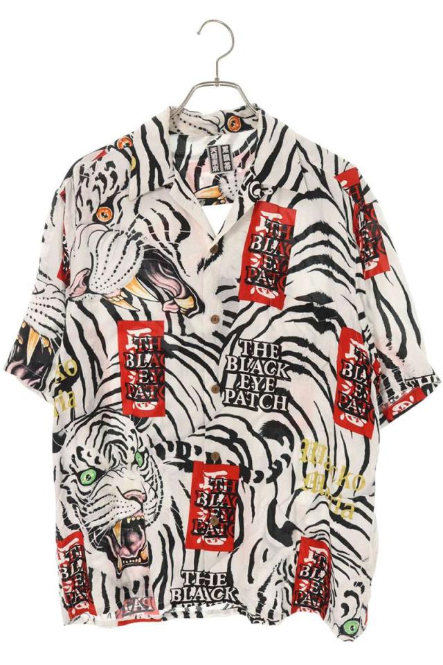 ワコマリア  ブラックアイパッチ サイズ:L  22SS  BEP TIMLEHI HAWAIIAN SHIRT WHITE タイガーモチーフレーヨン半袖シャツ 中古 BS99