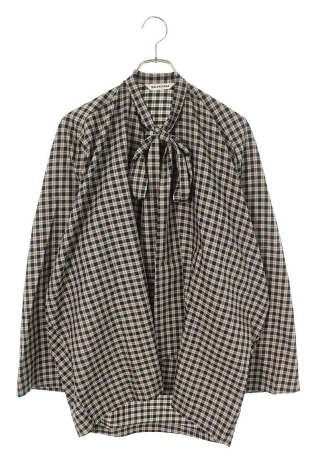 バレンシアガ サイズ:36 642288 TJD34 ボウタイ付きチェック長袖シャツ 中古 SB01