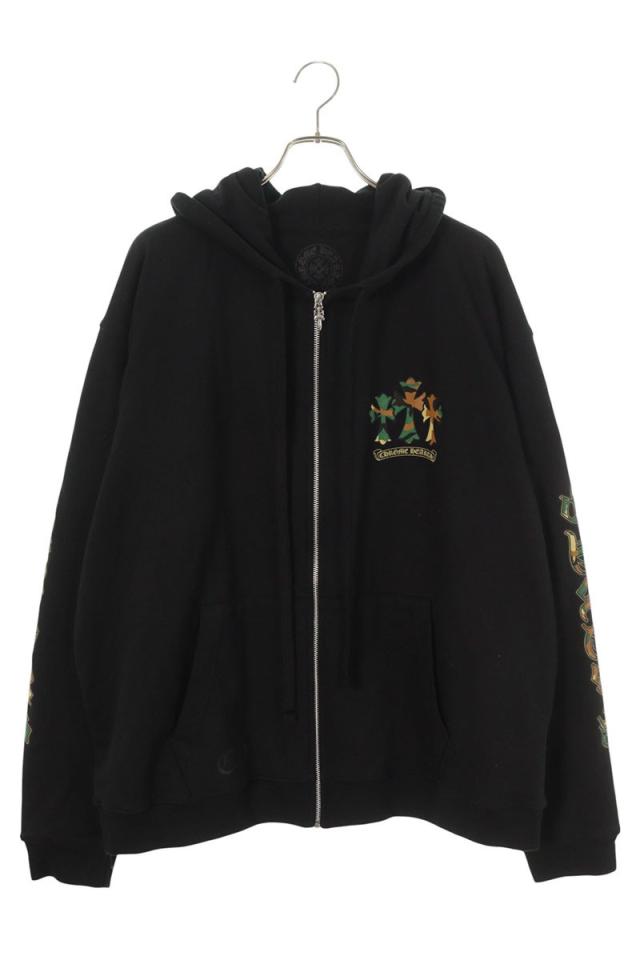 クロムハーツ サイズ:XL  SWTSHRT HD ZIP カモ柄袖ロゴバックホースシュージップアップパーカー 中古 NO05