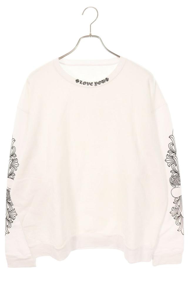 クロムハーツ サイズ:L  LOVE YOU CREW SWTSHRT 袖フローラルクロスハートプリントスウェット 中古 SJ02