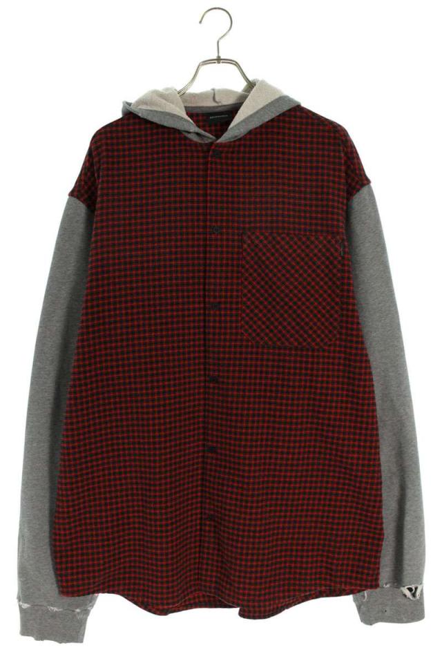 バレンシアガ サイズ:S  850859 TTM27 HOODED HYBRIT OUTERWEAR ダメージ加工フーデッドスウェット切り替えチェック長袖シャツ 中古 SS13