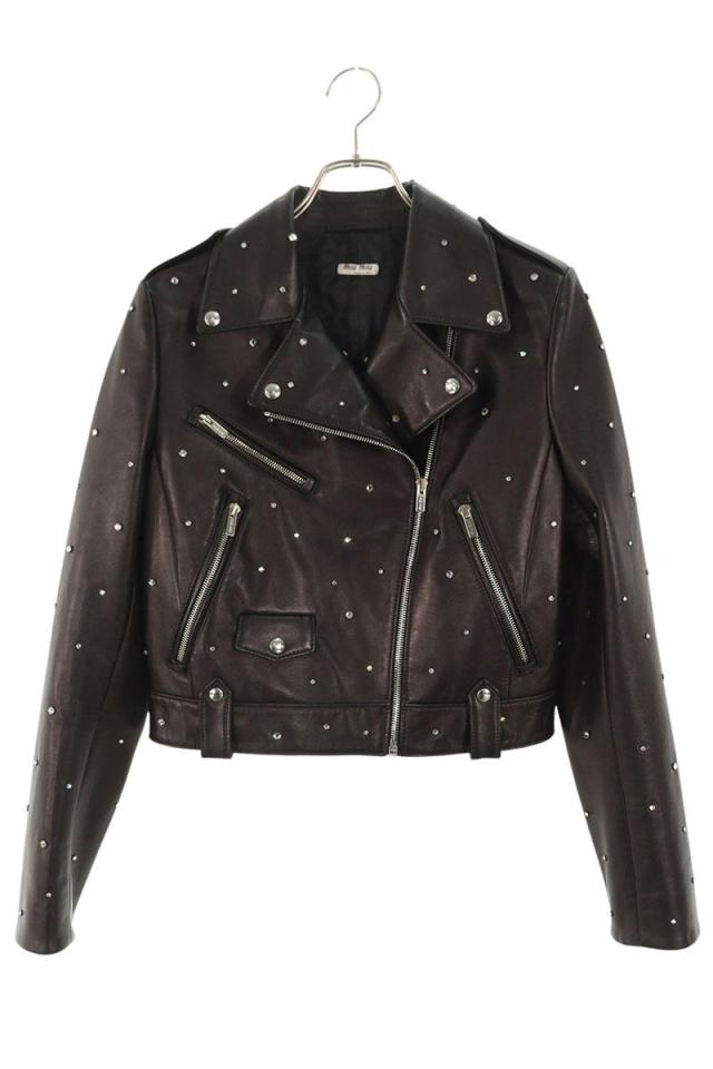 ミュウミュウ サイズ:42  MPV711 ラインストーン装飾ライダースラムレザージャケット 中古 SB01