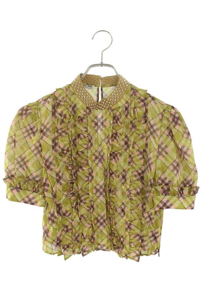 ミュウミュウ サイズ:38  MT1651 ビジュー装飾チェック半袖シャツ 中古 BS99