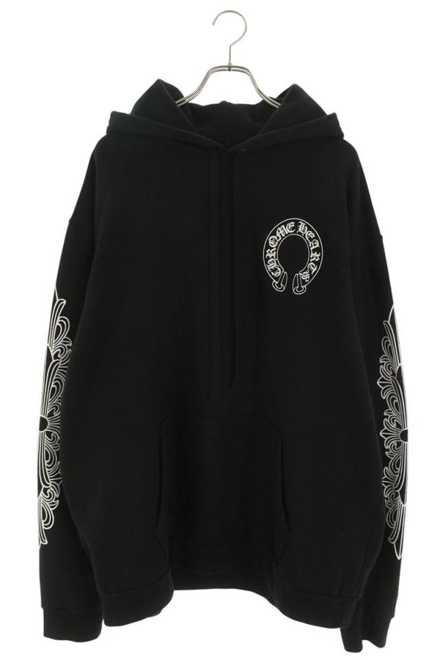 クロムハーツ サイズ:XL  SWTSHRT PLVR 袖フローラルバックホースシュープリントプルオーバーパーカー 中古 GZ11