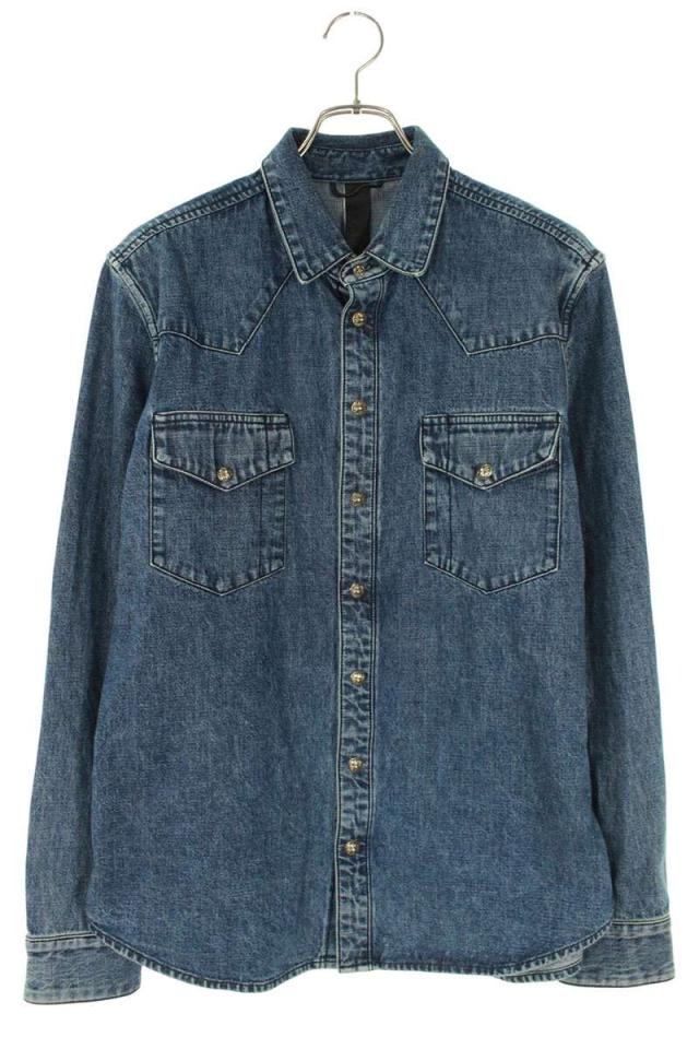 クロムハーツ サイズ:L  DENIM WESTERN O デニムウエスタン 袖クロスパッチクロスボタンデニム長袖シャツ 中古 SJ02