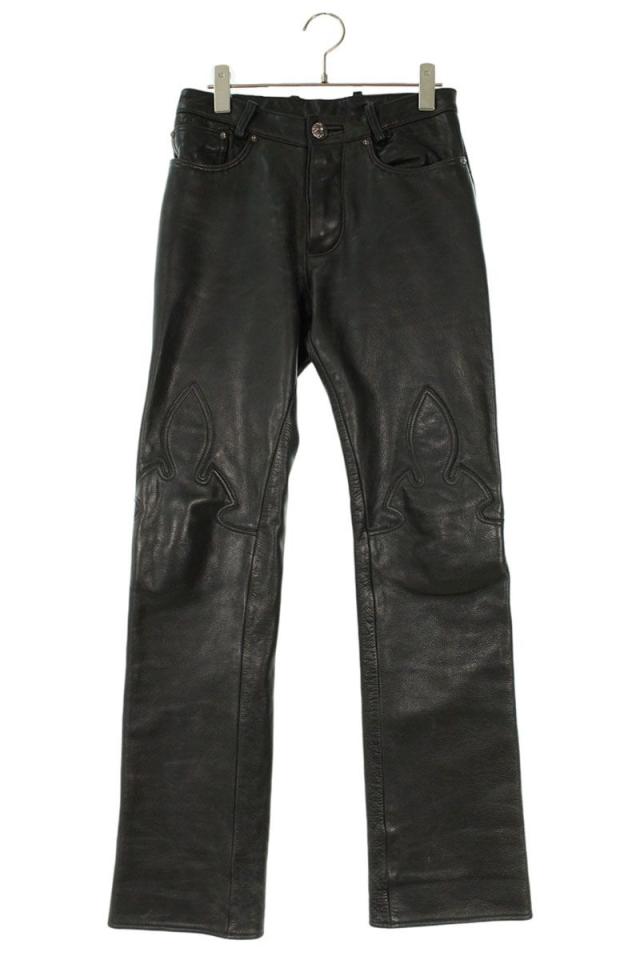 クロムハーツ サイズ:28インチ  LTHR PANTS レザーパンツ クロスボールボタンフレアニーレザーロングパンツ 中古 SJ02