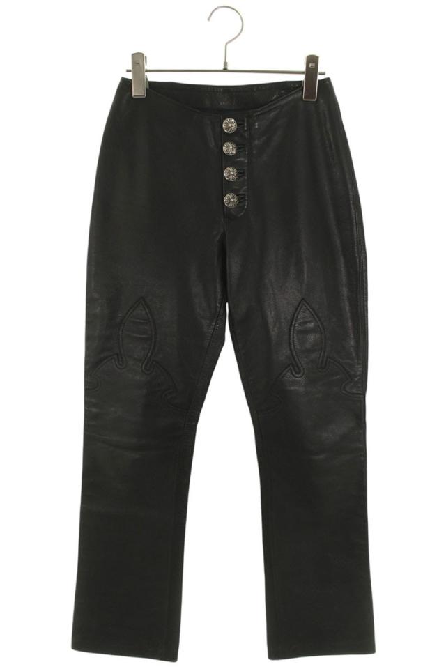 クロムハーツ サイズ:25R  LTHR PANTS クロスボールボタンフレアニーレザーロングパンツ 中古 SJ02