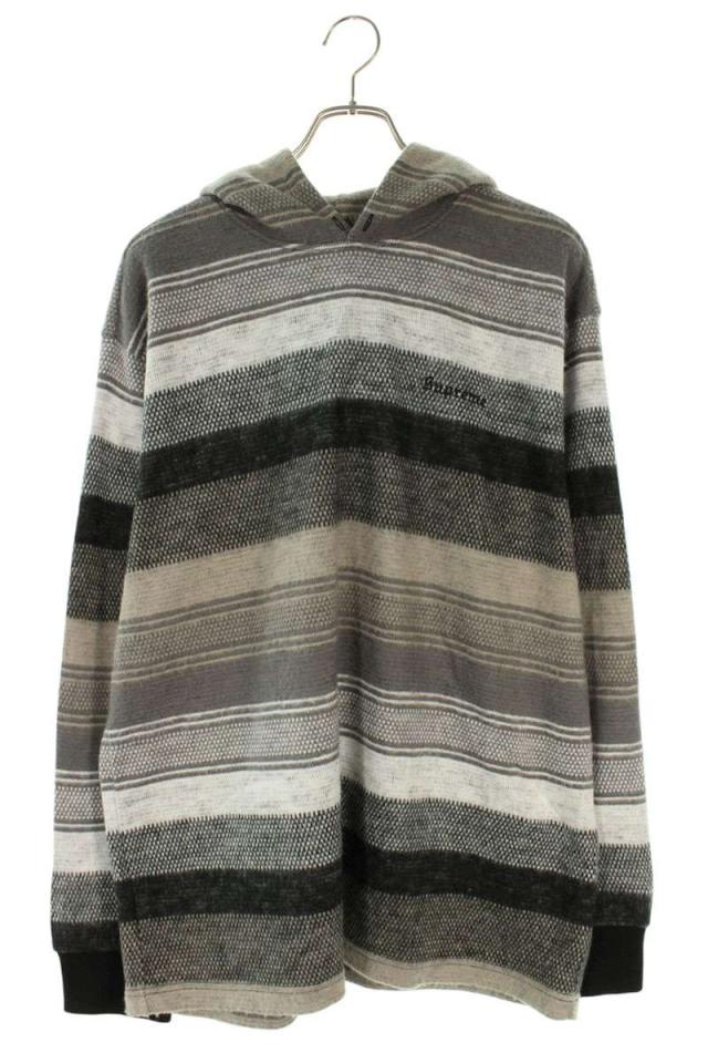 シュプリーム サイズ:L  Knit Stripe Hooded L S Top ロゴ刺繍ニットパーカー 中古 SB01