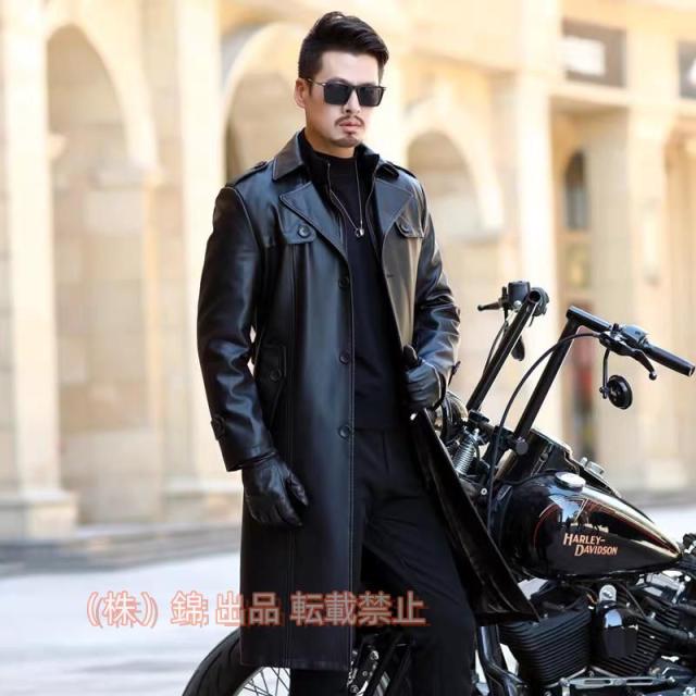 レザーコート メンズ トレンチコート ロング丈 PU革コート ビジネスコート 紳士服 株式会社錦 ライダース フェイクレイヤード 裏起毛