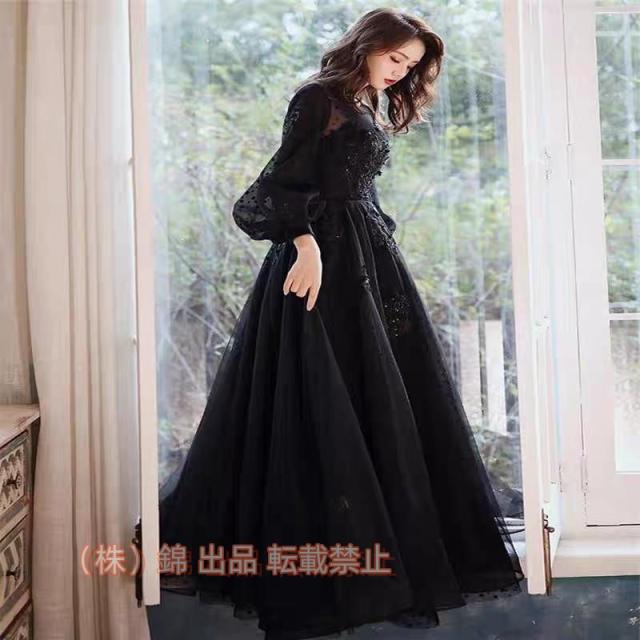 イブニングドレス ロングドレス 黒 パフスリーブ 発表会ドレス ブラック キラキラ 株式会社錦 スパンコール 花柄 ビーズ キレイめ パーティードレス Aライン