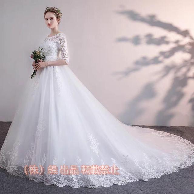 ウェディングドレスハイウエスト妊娠してる人もOK大きいサイズ妊婦マタニティ着痩せ結婚式錦編み上げタイプレースロングドレストレーンドレスウエディ