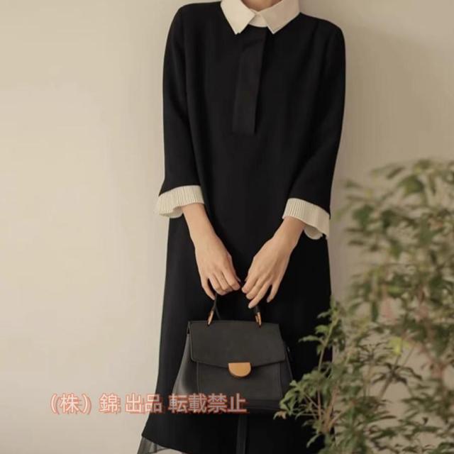 品質重視ブラックワンピース　ストレートライン　白襟　上品　長袖　株式会社錦 ひざ下丈　20代30代40代50代60代入学式卒園式卒業式結婚式パーティー